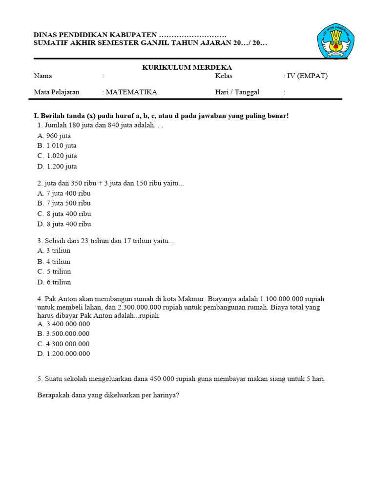 Soal Sumatif PAS MTK Kelas IV Semester 1 | PDF