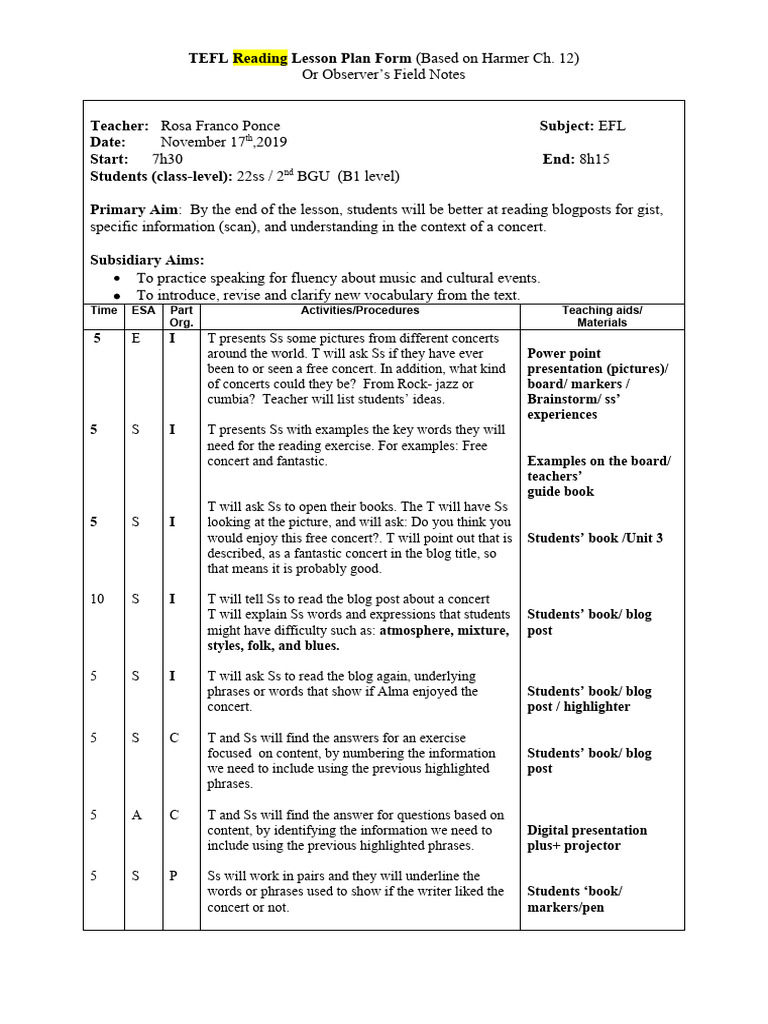 Reading Lesson Plan - Rosa Franco | PDF | Lesson Plan | Behavior Modification