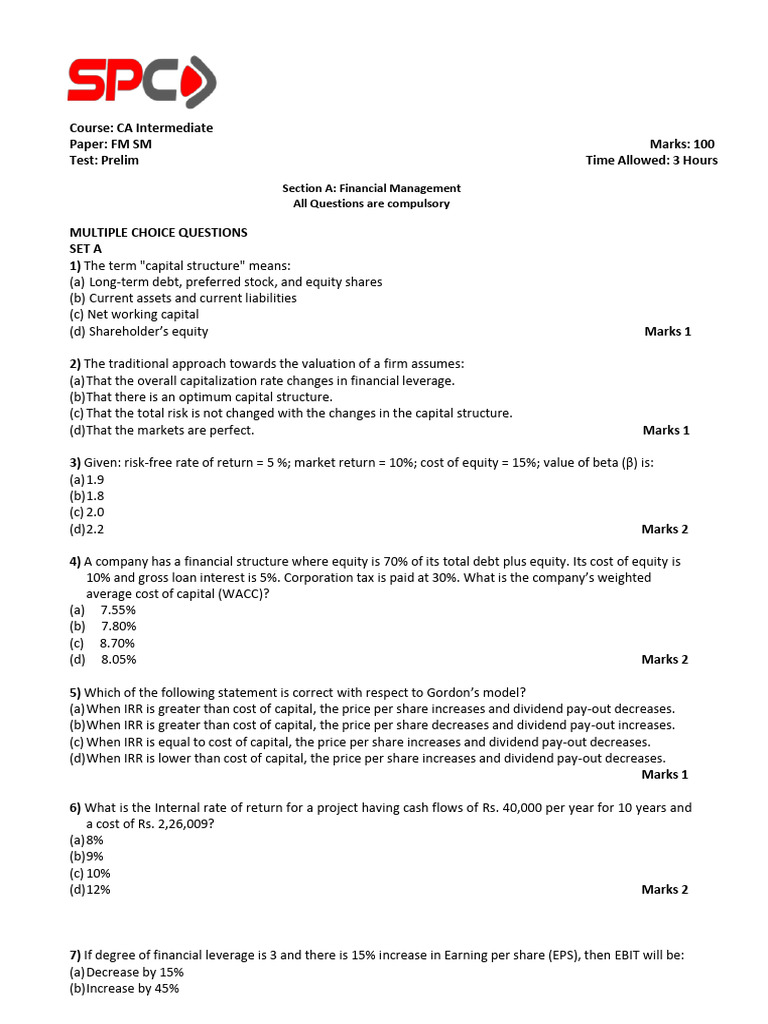 FM_SM_QP | PDF | Cost Of Capital | Equity (Finance)