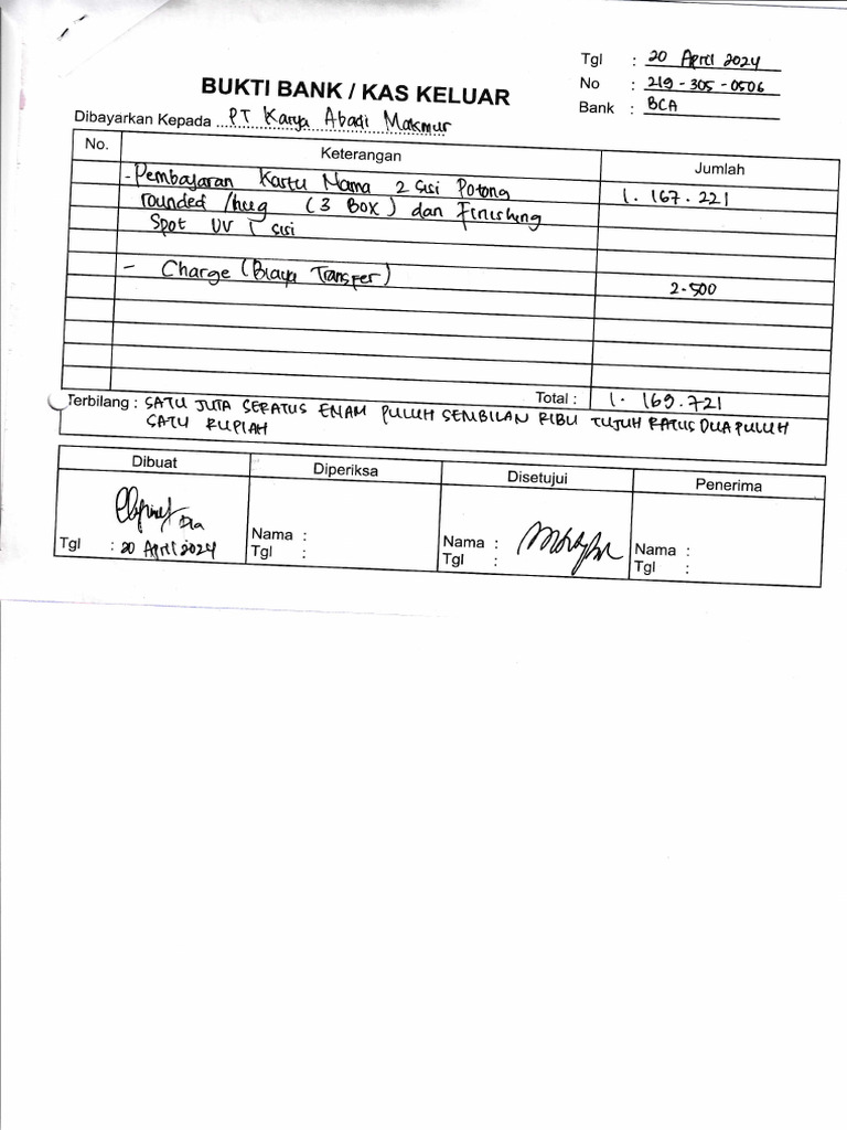 Pembayaran Kartu Nama PT DSS RP 1 169 721 | PDF