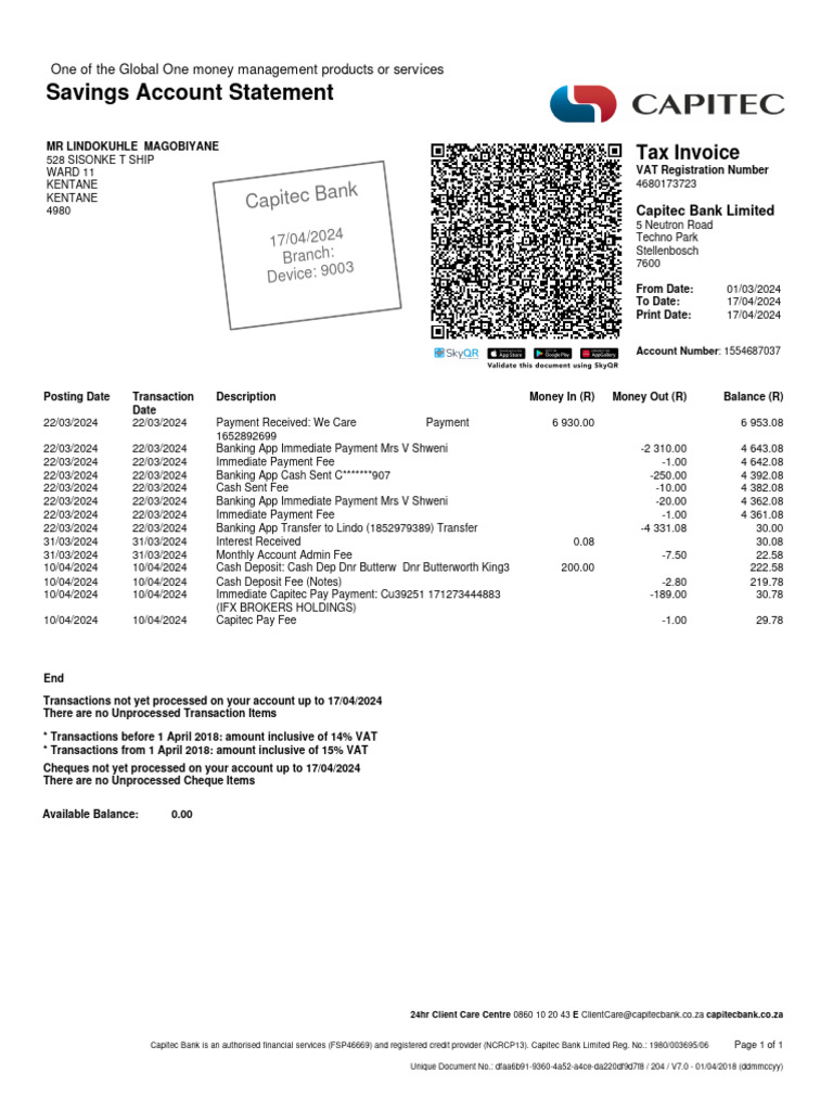 Capitec Bank Savings Account Statement | PDF | Payments | Banks