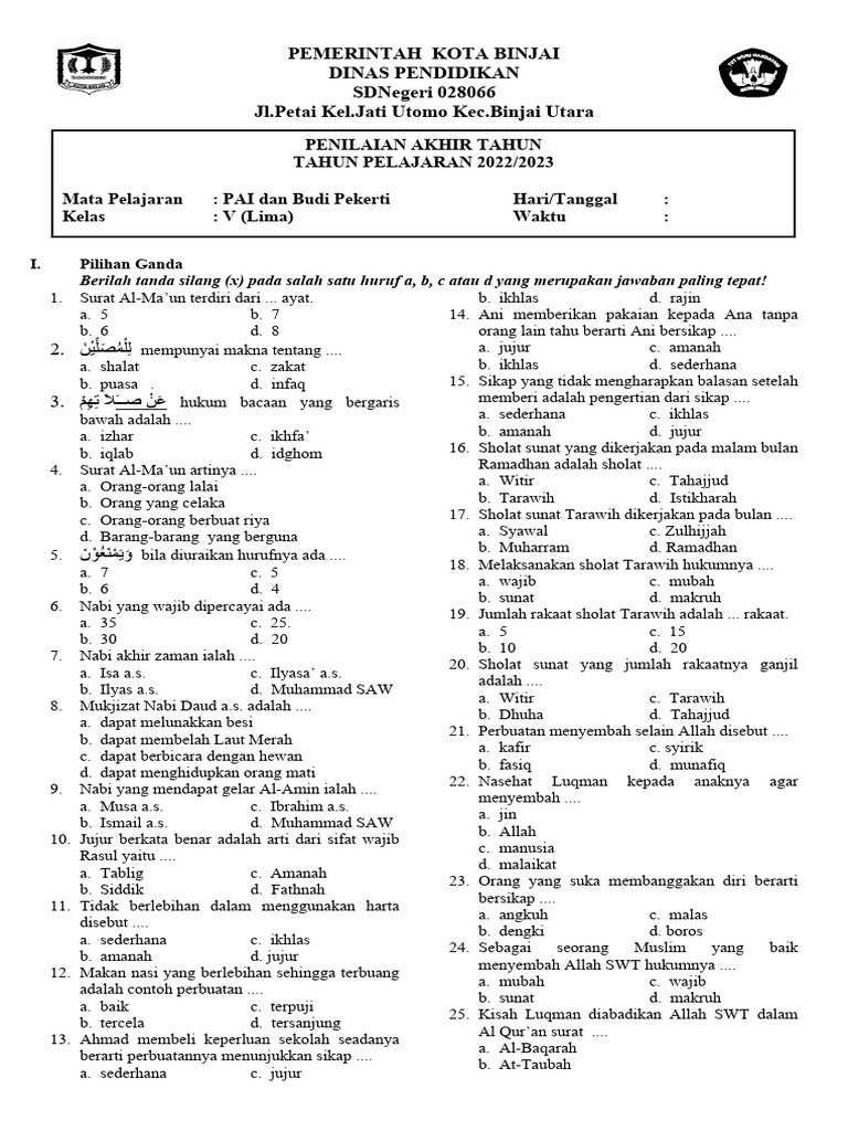 Soal Pat Pai Kelas 5-1 | PDF