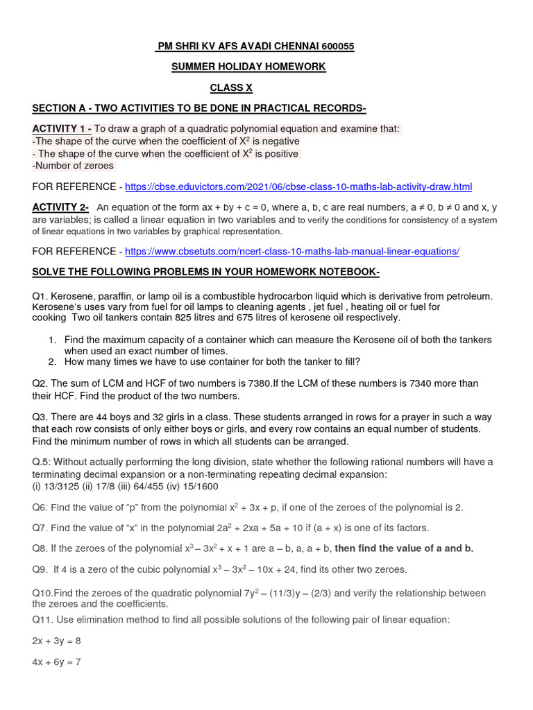 Class10 Maths Holiday Homework | PDF | Polynomial | Equations
