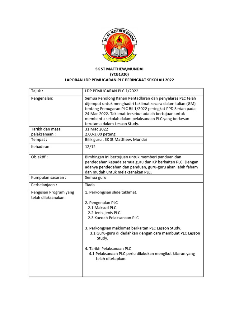 Laporan LDP Pemugaran PLC Peringkat PPD Serian (SK ST ST Matthew) | PDF