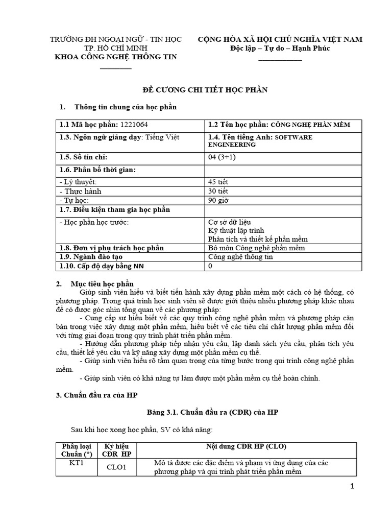 DeCuong Cong Nghe Phan Mem - 2023 | PDF