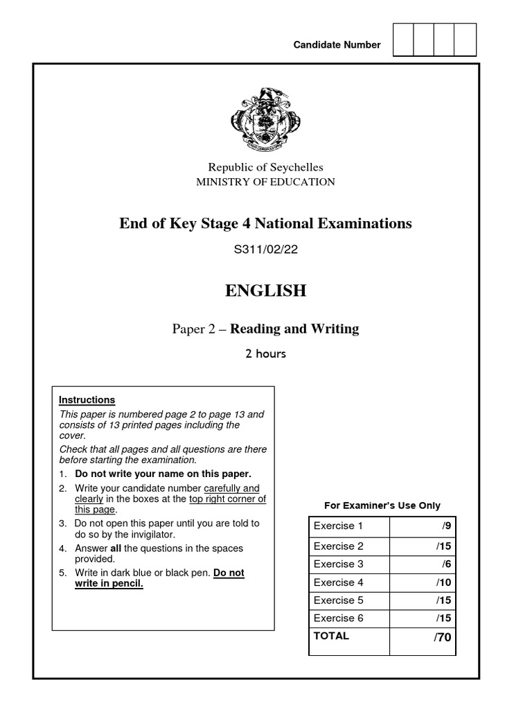 Seychelles ENGLISH-KEY-STAGE-4-ASSESSMENT-Reading-and-Writing-Paper ...