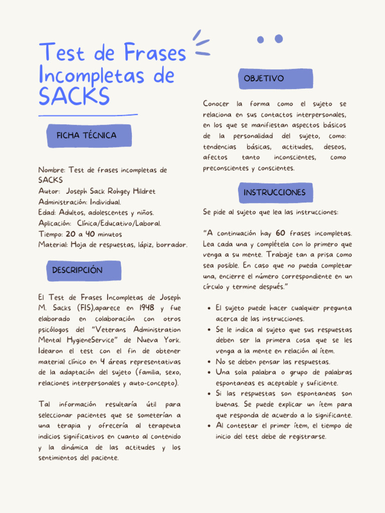 ACTIVIDAD 12 Test de Frases Incompletas de SACKS | PDF | Mente | Las ...