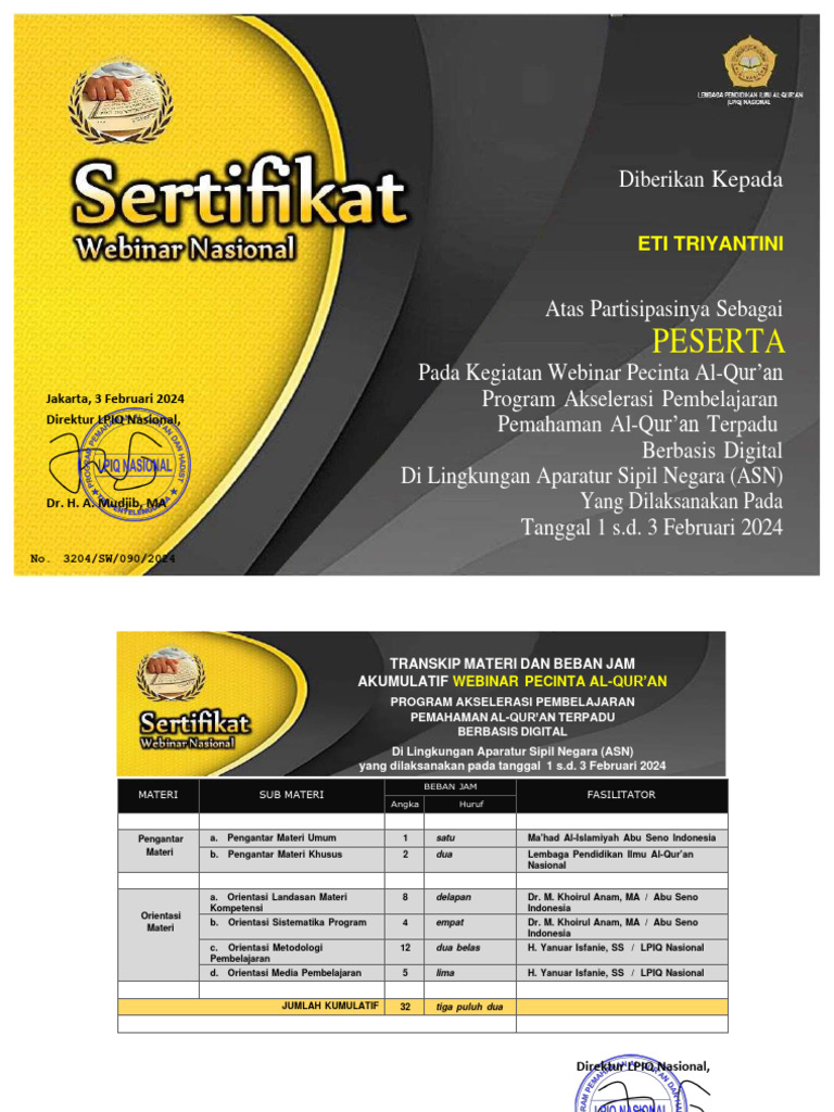 Sertifikat Webinar Pecinta Al-Qur'an (ETI) | PDF