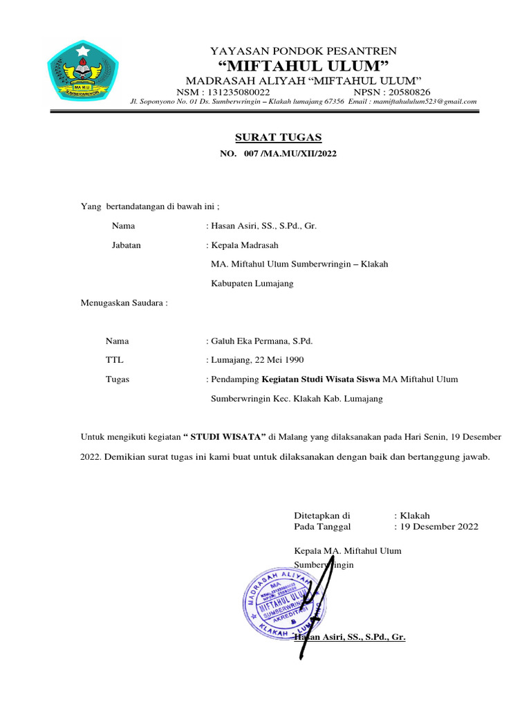 Surat Tugas Studi Wisata Malang | PDF