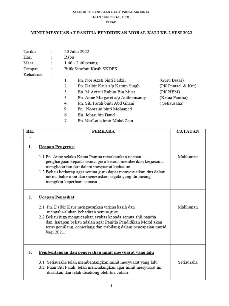 Minit Mesyuarat P.Moral ke2 2022 | PDF