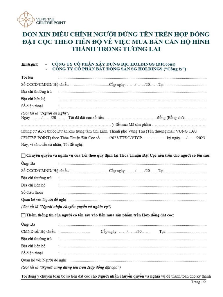 VTCP - BM02 - Form Dieu Chinh TTKH Ky HDDC | PDF