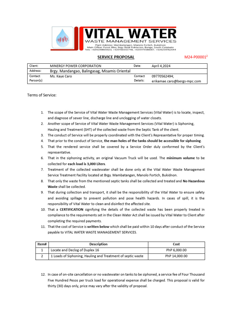 Waste Management Service Proposal | PDF | Septic Tank | Water