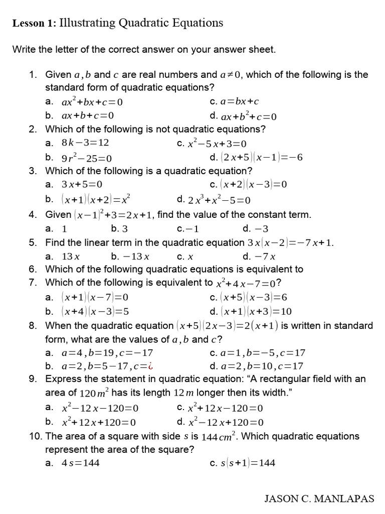 Quadratic Equations Pdf Equations Algebra