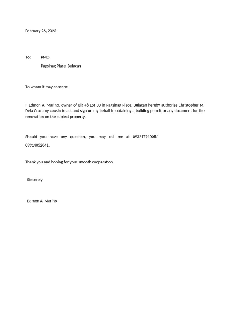 Authorization Letter For Renovation | PDF