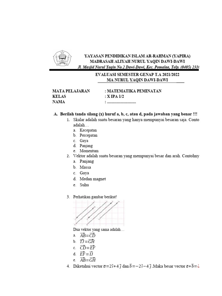Soal MTK Peminatan Kls X SMSTER GENAP Nurul Yaqin | PDF | Metode & Bahan Ajar