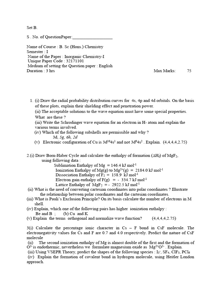 Inorganic Chemistry - 1 Question Paper | PDF | Chemical Bond | Ionic ...