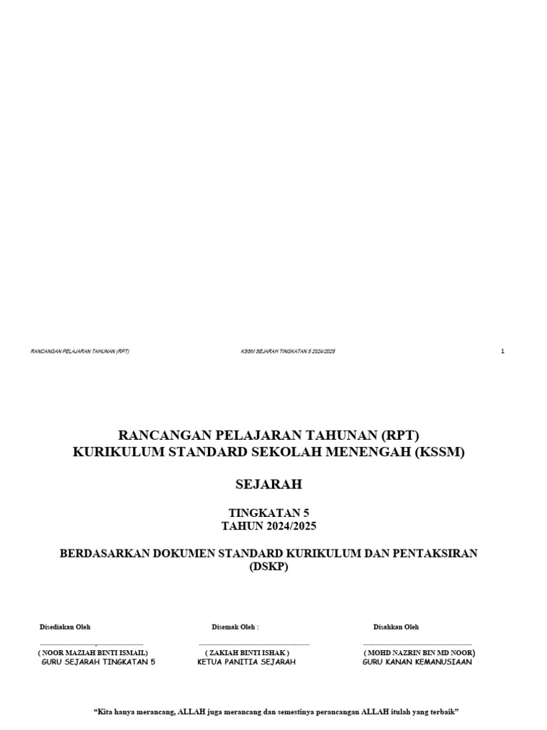 RPT Sejarah T5 | PDF