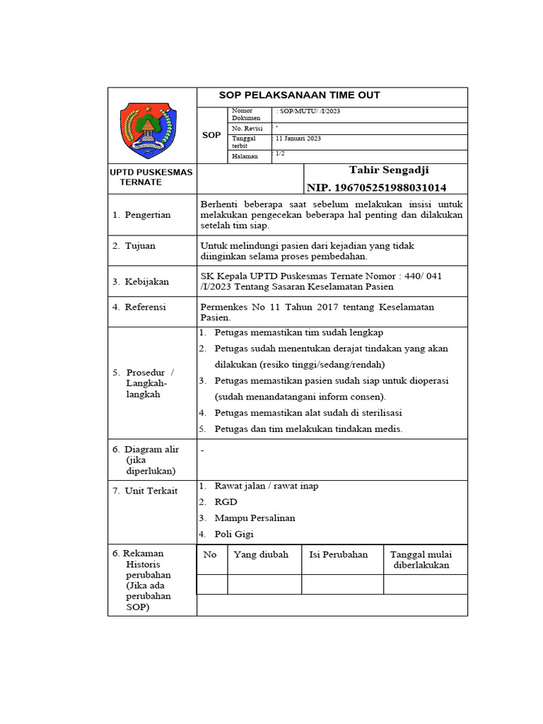 Sop Pelaksanaan Time Out Fix | PDF