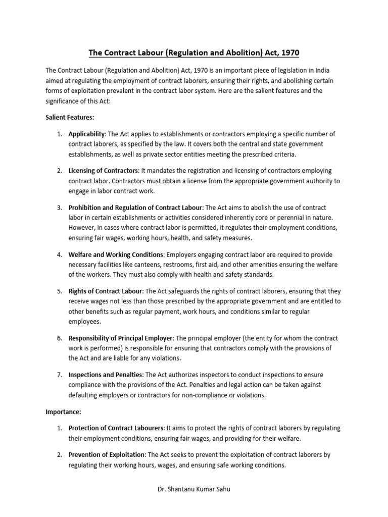 The Contract Labour (Regulation and Abolition) Act, 1970 | PDF ...