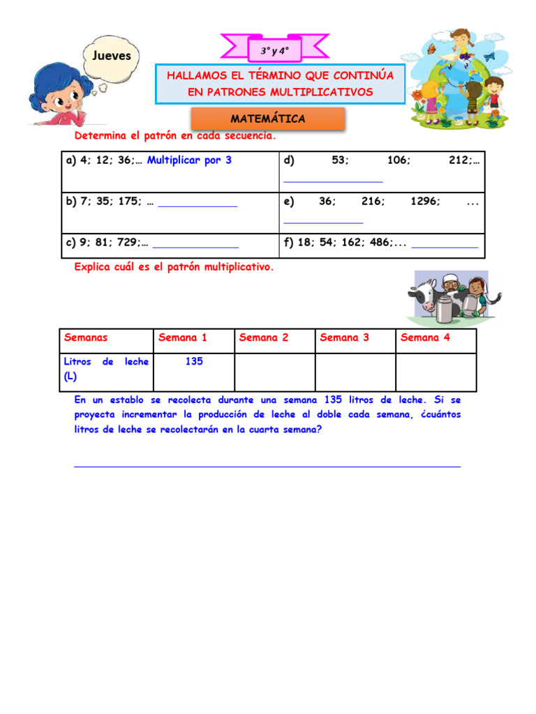 3° y 4° Ficha MATEMATICA HALLAMOS EL TÉRMINO QUE CONTINÚA EN PATRONES ...