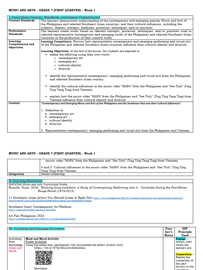 Session-7b Sample-Le Week1 Ma7 Matatag 113600 | PDF | Learning | The Arts