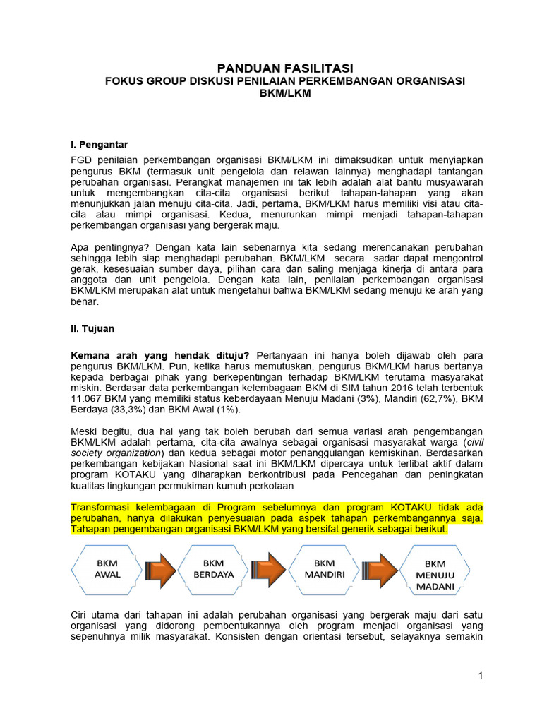 Panduan FGD Penilaian Perkembangan Organisasi BKM - Edit | PDF