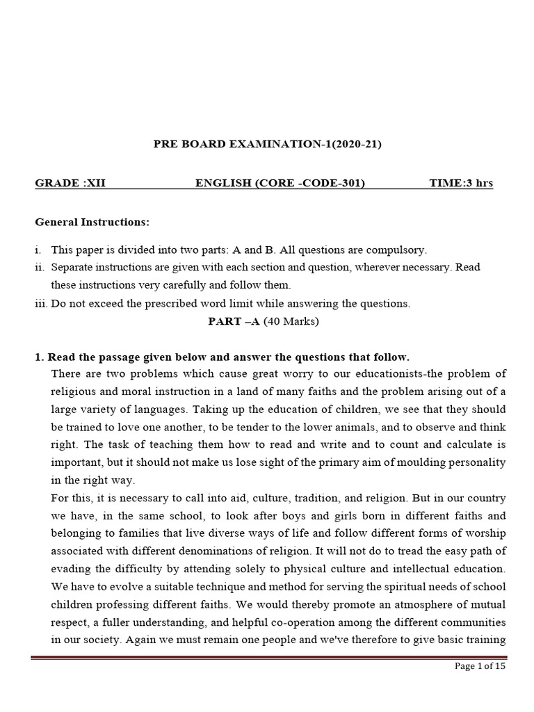 Xii English Pre Board 1 QP 2020 1 | PDF | Obesity | Weight Loss