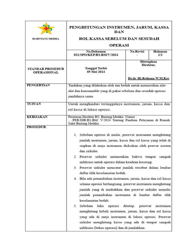 Spo Penghitungan Instrumen Jarum, Kasa Di Kamar Operasi | PDF