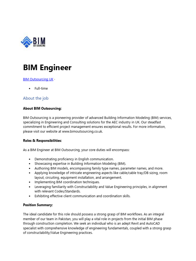 BIM Engineer Job Advertisement | PDF | Building Information Modeling ...