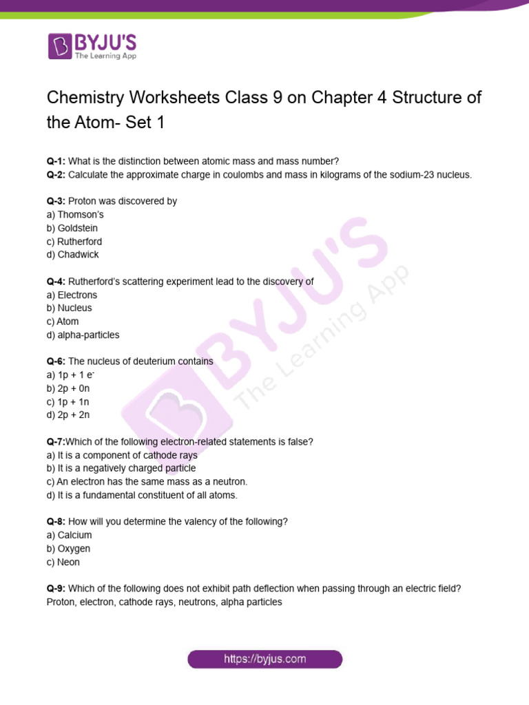 Chemistry Worksheets Class 9 On Chapter 4 Structure of The Atom Set 1 | PDF | Atoms | Proton