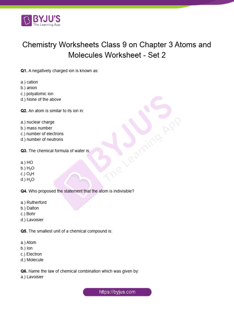 Chapter 3 Atoms and Molecules Worksheet Questions Set 2.Docx | PDF | Mole (Unit) | Ion