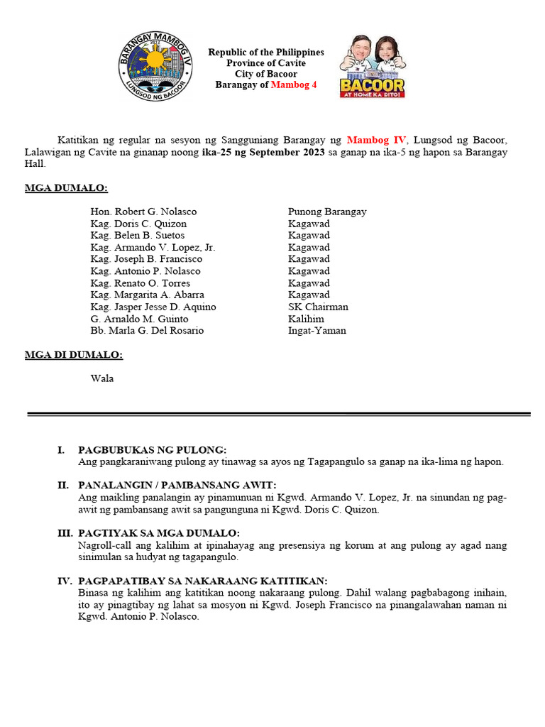 Barangay Council Minutes of Meeting | PDF