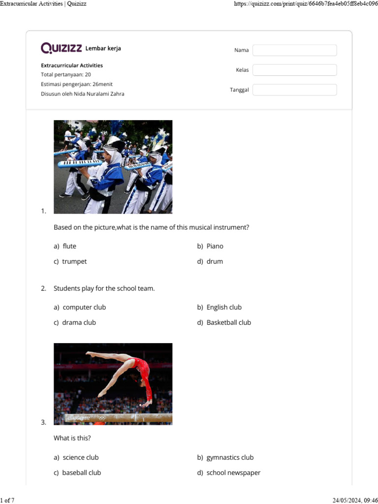 Extracurricular Activities Quiz Questions | PDF