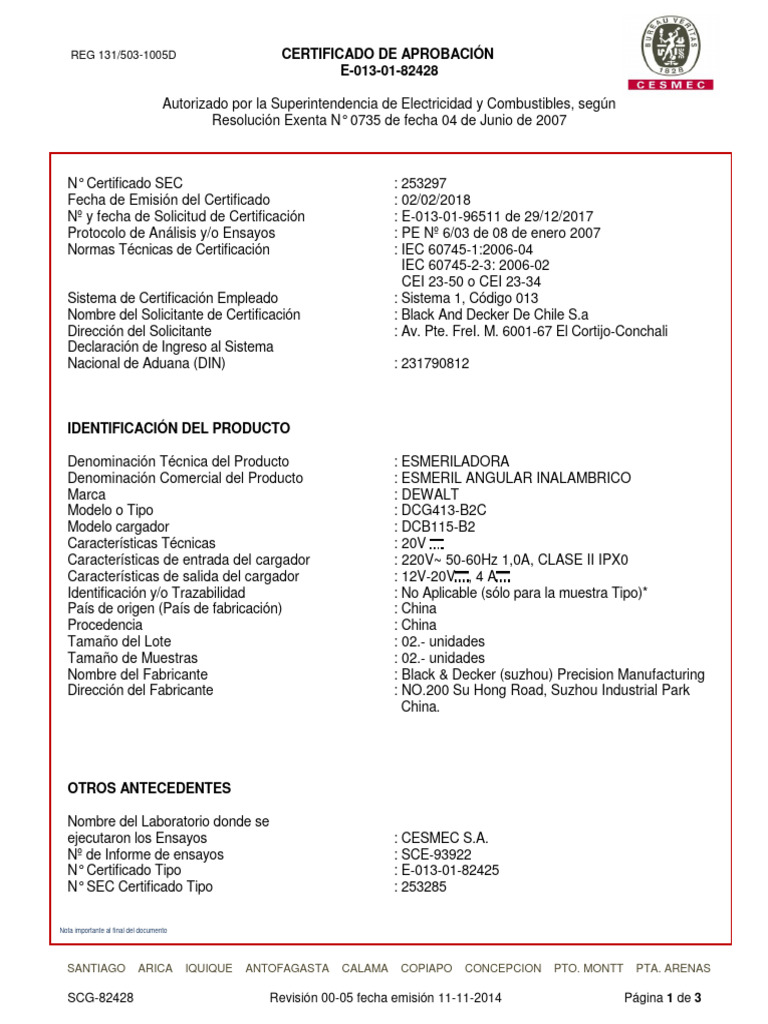 DEWALT Certificado CESMEC Esmeril Angular Inalambrico | PDF