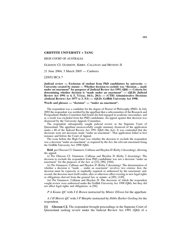Griffith Uni v Tang: Judicial Review Ruling | PDF | Appeal ...