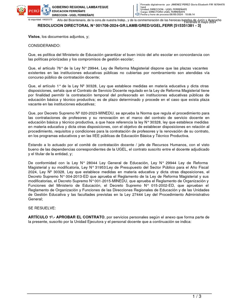 Resolucion Directoral #001708-2024-GR - Lamb/gred/ugel - Ferr (515351381 - 3) | PDF | Presupuesto