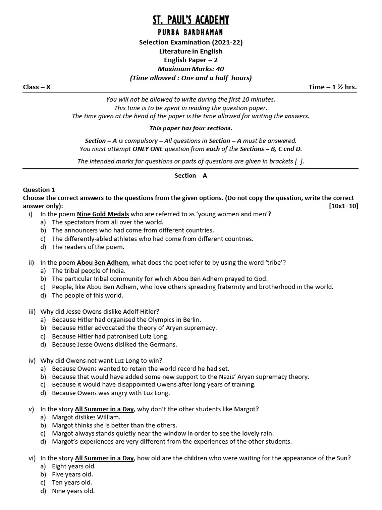 STD-10 ENG LIT SELECTION QP Done Final | Download Free PDF | Shylock