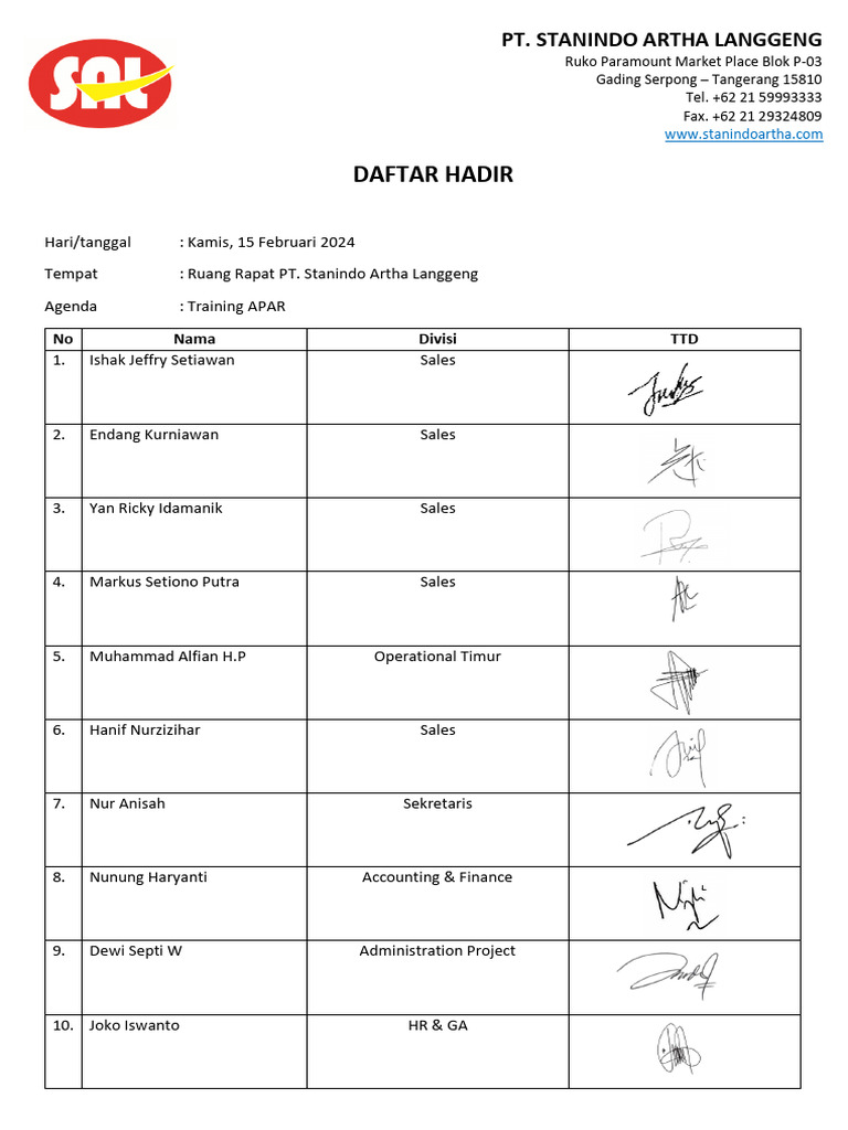 Daftar Hadir Training APAR | PDF