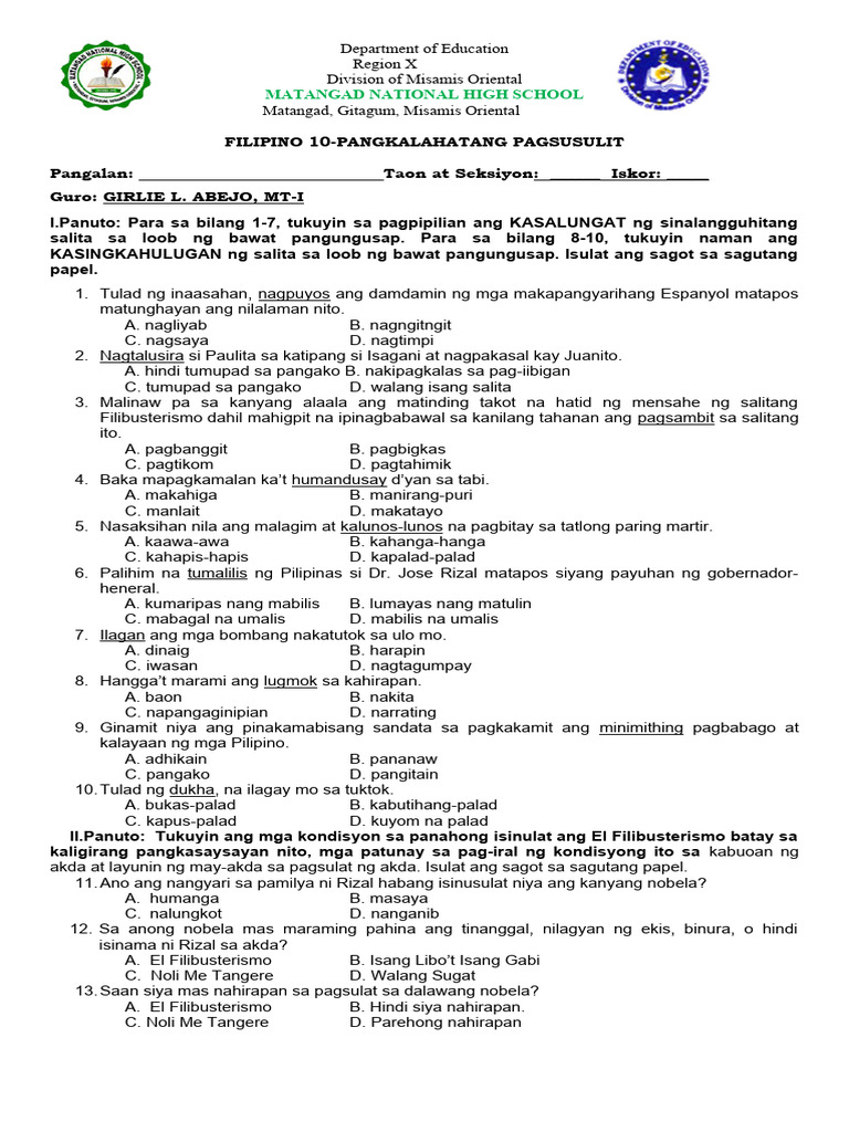 Filipino 10- pangkalahatang Pagsusulit | PDF