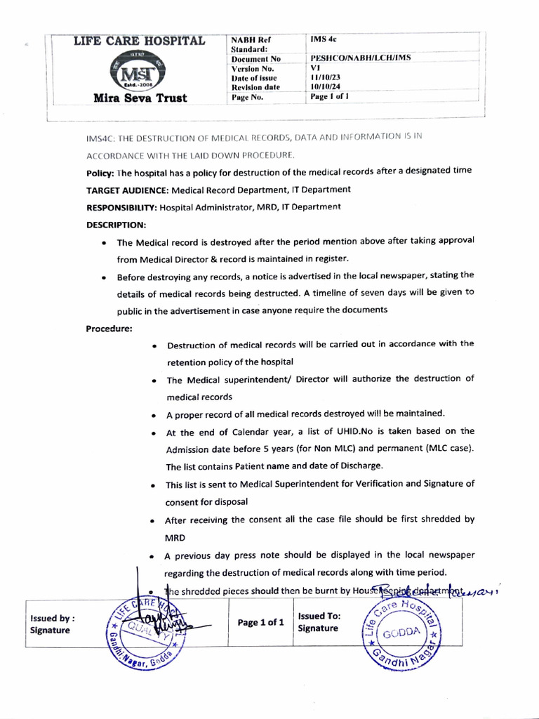 Policy on the Destruction of Medical Records | PDF | Medical Record ...