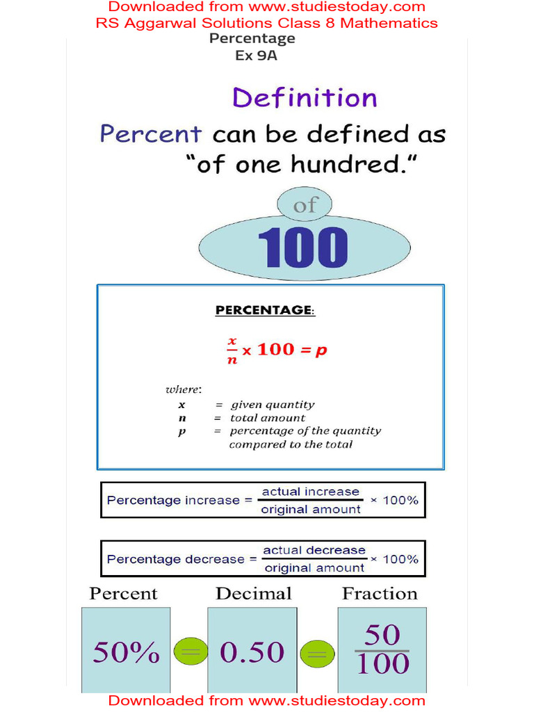 RS Aggarwal Class 8 Mathematics Solutions Chapter 9 Percentage | PDF