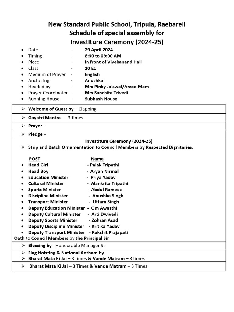 Investiture Ceremony Programme List 2024 | PDF