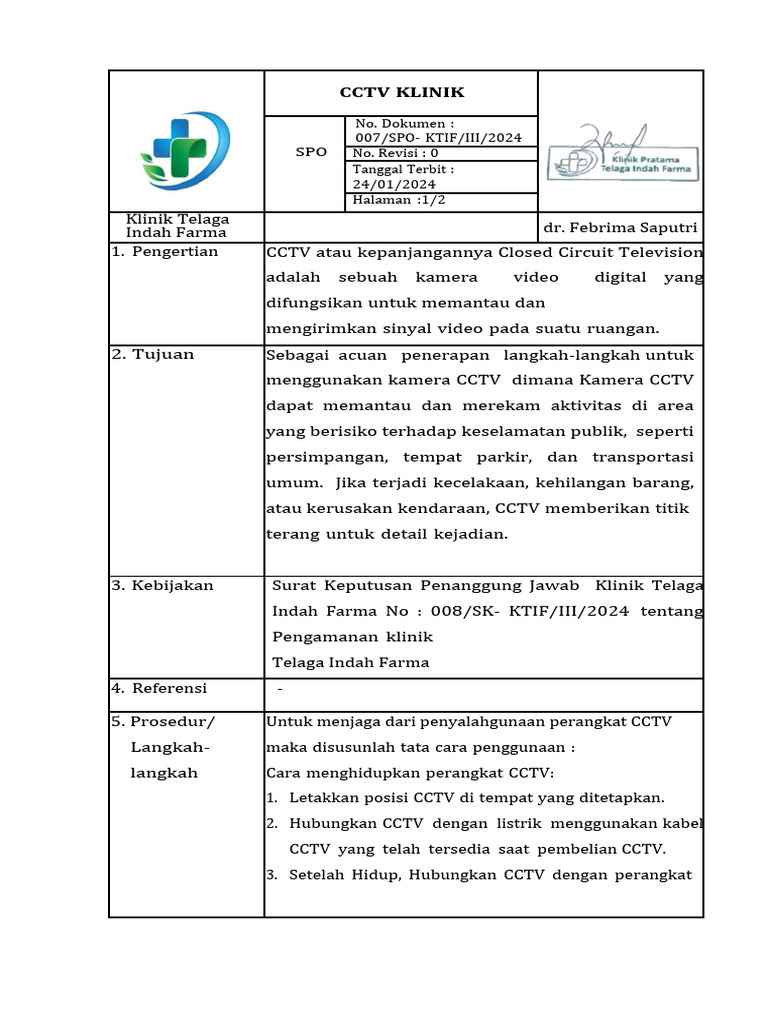 SOP Penggunaan CCTV di Klinik | PDF | Griya & Taman | Teknologi & Rekayasa