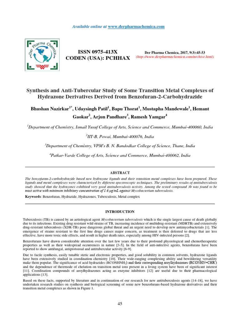 Synthesis and Antitubercular Study of Some Transition Metal Complexes ...