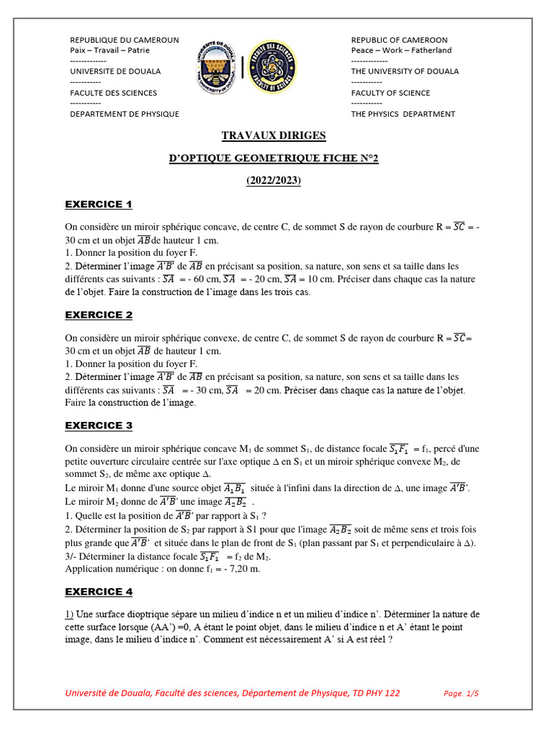 Travaux Diriges D'Optique Geometrique Fiche N°2 (2022/2023) : Exercice 1 | PDF ...