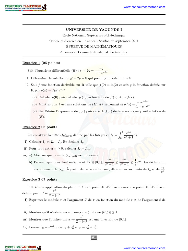 Concours Maths 2011 - Université Yaoundé I | PDF | Angle | Nombre complexe
