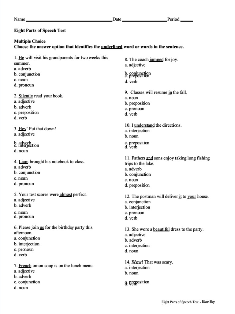 Parts of Speech Quiz | PDF | Preposition And Postposition | Part Of Speech