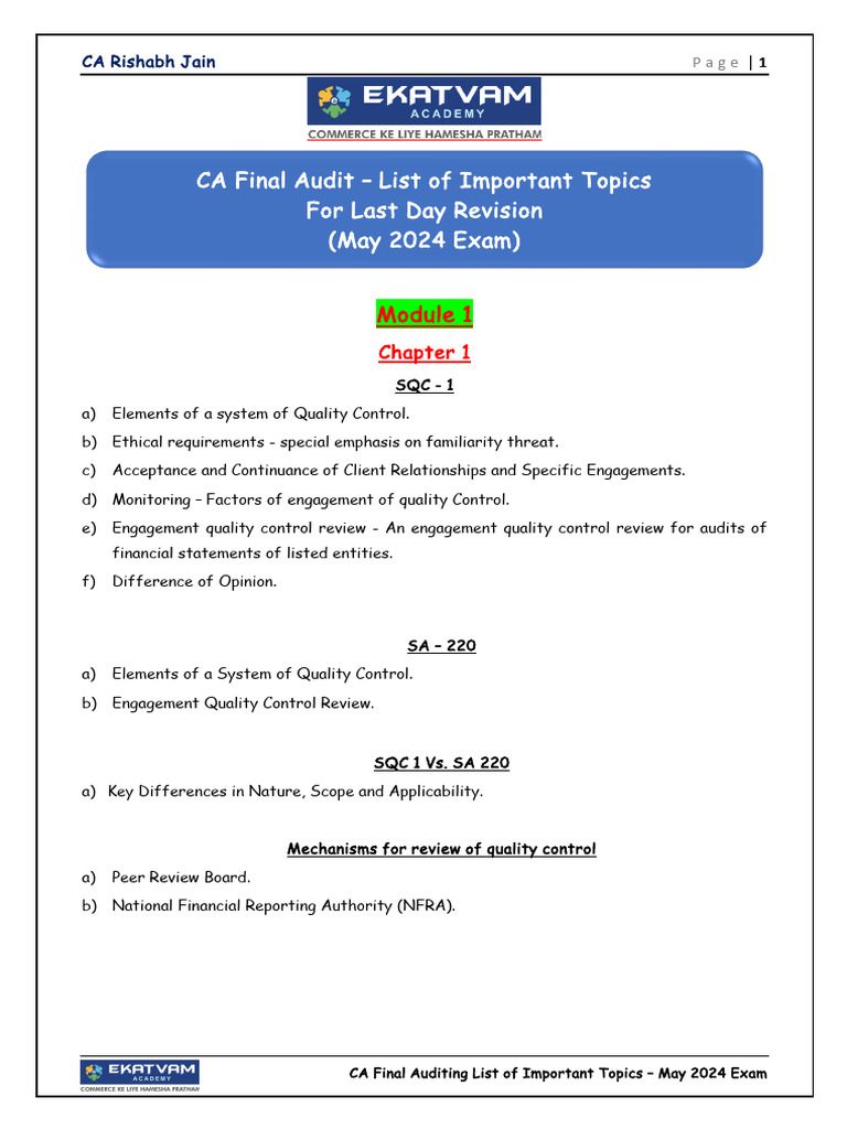 CA Final Audit List of Important Topivs May 2024 by CA Rishabh Jain ...