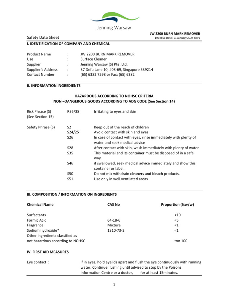 JW 2200 Burn Mark Remover SDS | PDF | Safety | Occupational Safety And ...