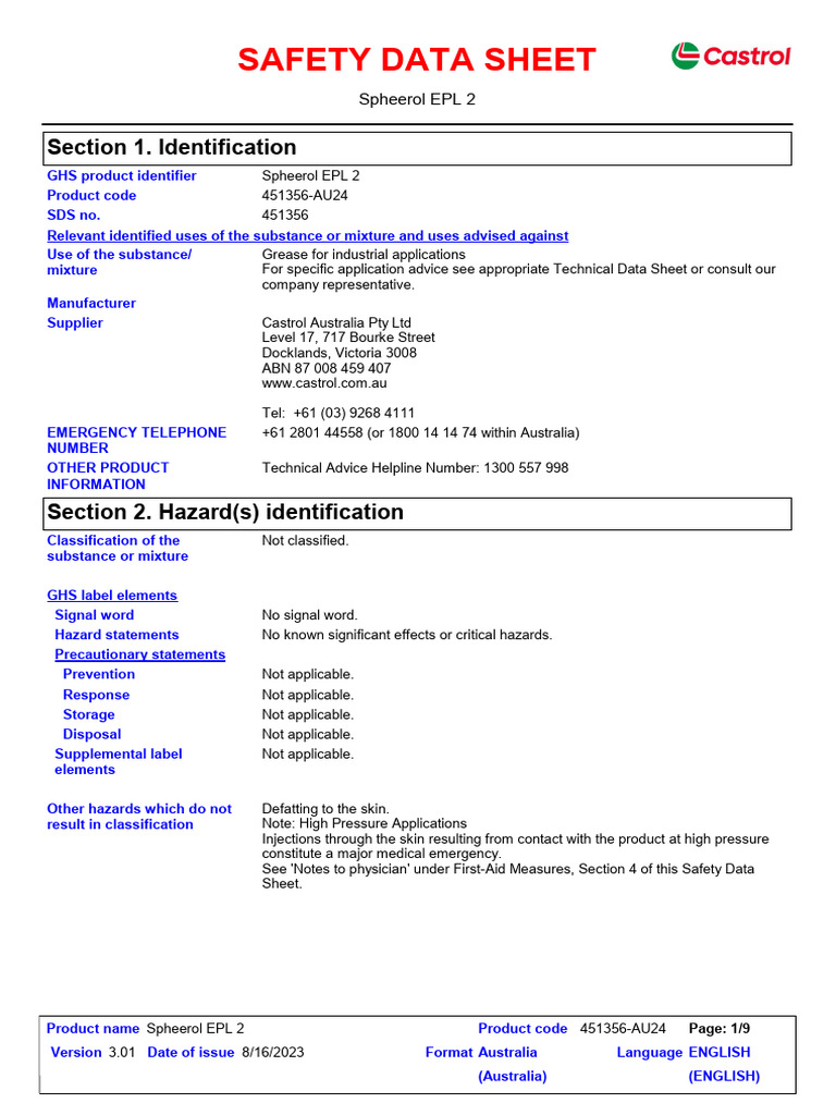 Castrol Spheerol EPL 2 | PDF | Waste | Dangerous Goods